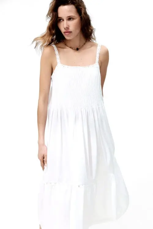 H&m Lace-trimmed Flared-skirt Midi Dress - White