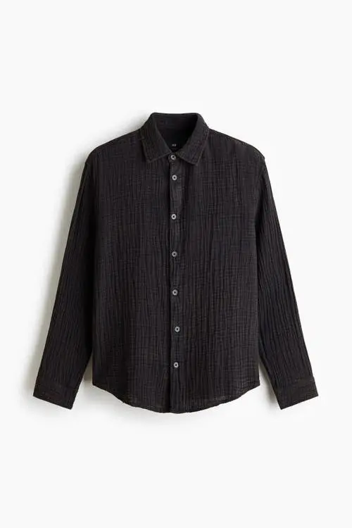 H&m Regular Fit Cotton Muslin Shirt - Black