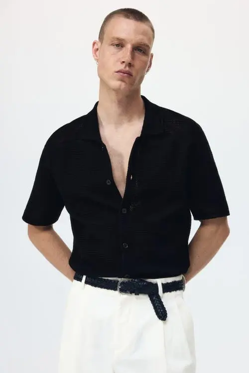 H&m Regular Fit Hole-knit Shirt - Black