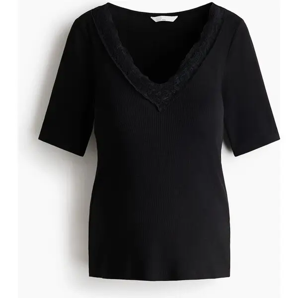 H&m Mama Ribbed V-neck Top - Black