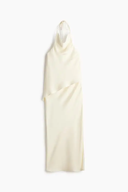 H&m Halterneck Cowl Neck Maxi Dress With Asymmetrical Overlay And Slit - Cream
