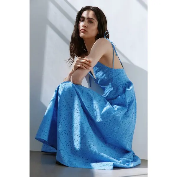 H&m Tie-strap Broderie Anglaise Maxi Dress - Blue