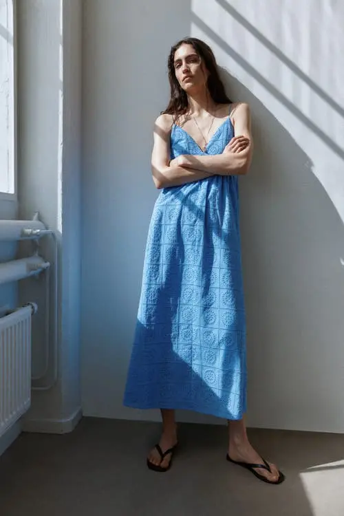 H&m Tie-strap Broderie Anglaise Maxi Dress - Blue