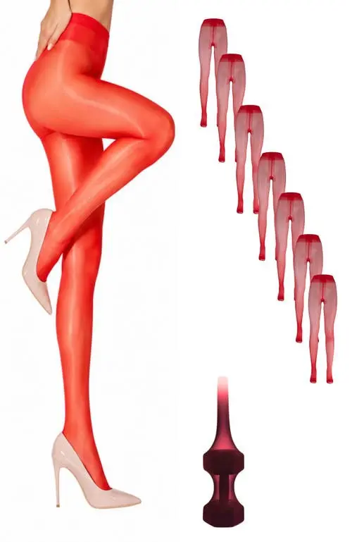 LECHERY® 7-pack Glossy Semi-opaque Statement Fashion Tights - Red