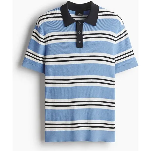 H&m Slim Fit Polo Shirt - Light Blue/striped