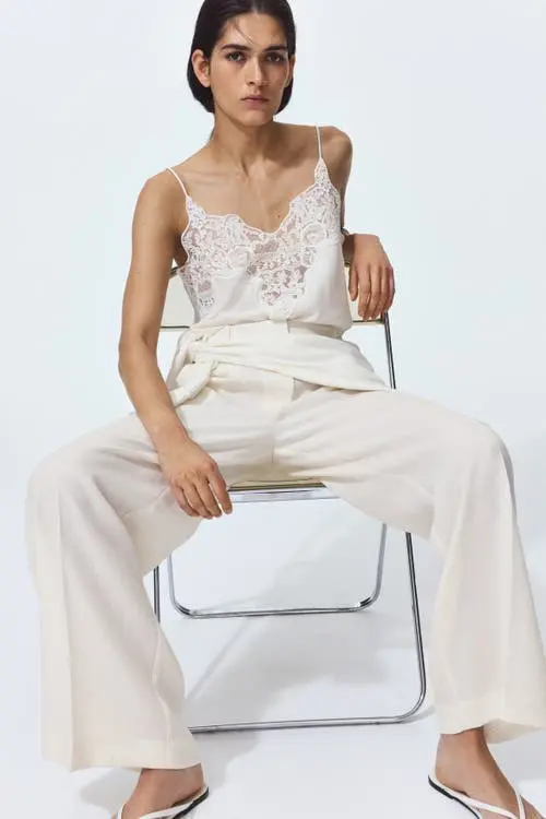 H&m Wide Tailored Trousers - Cream