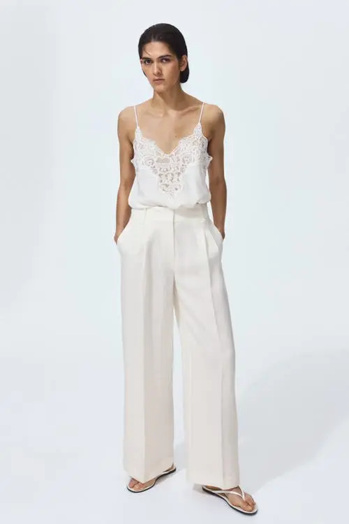 H&m Wide Tailored Trousers - Cream