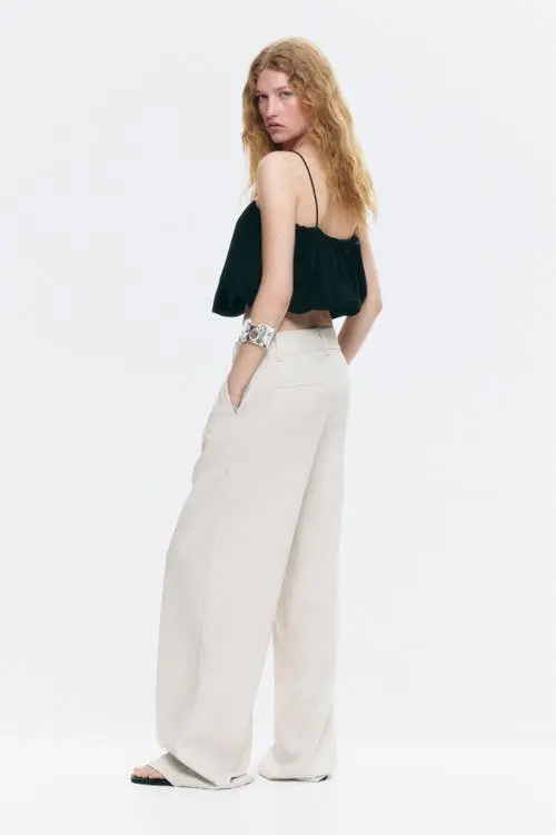 H&m Wide Leg Tailored Trousers - Light Beige