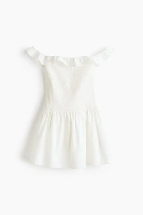 H&m Smocked Off-the-shoulder Dress With Frill Trim - White