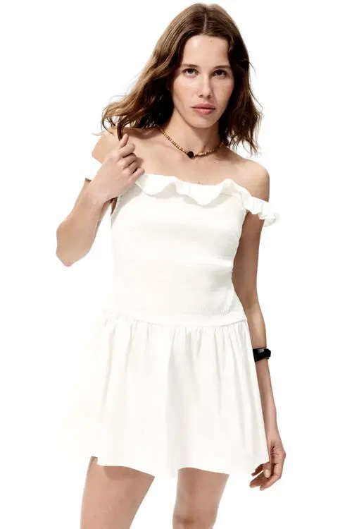 H&m Smocked Off-the-shoulder Dress With Frill Trim - White