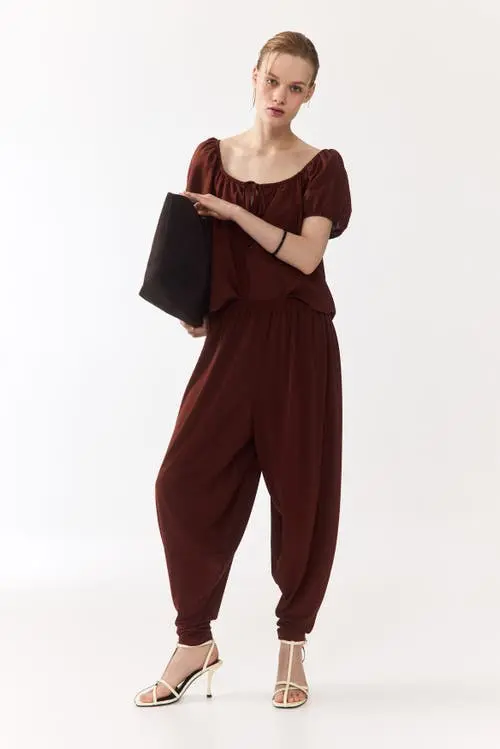 H&m Puff-sleeved Linen-blend Blouse - Rust Brown