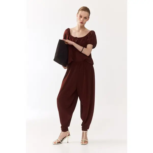 H&m Puff-sleeved Linen-blend Blouse - Rust Brown