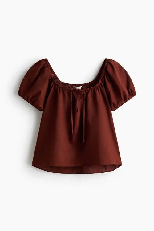 H&m Puff-sleeved Linen-blend Blouse