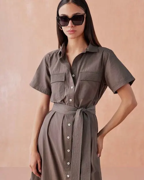 Omika Short Sleeve Cotton Shirt Dress With Belt - Solid Fawn