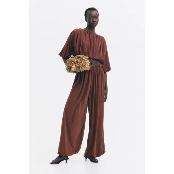 H&m Draped Balloon Trousers High Rise, Elasticated Waist - Brown