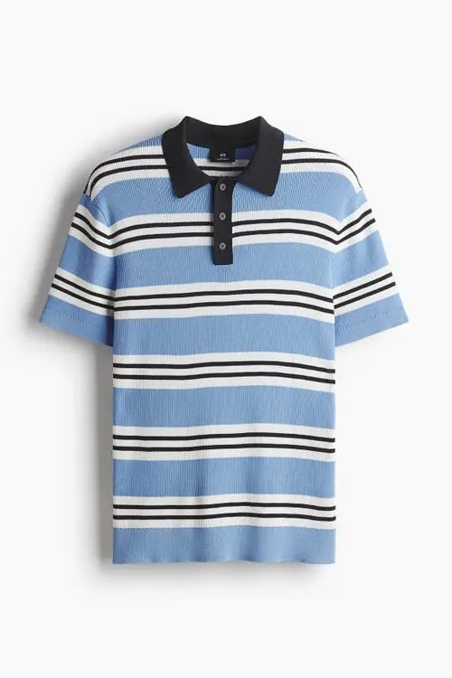 H&m Slim Fit Polo Shirt - Light Blue/striped