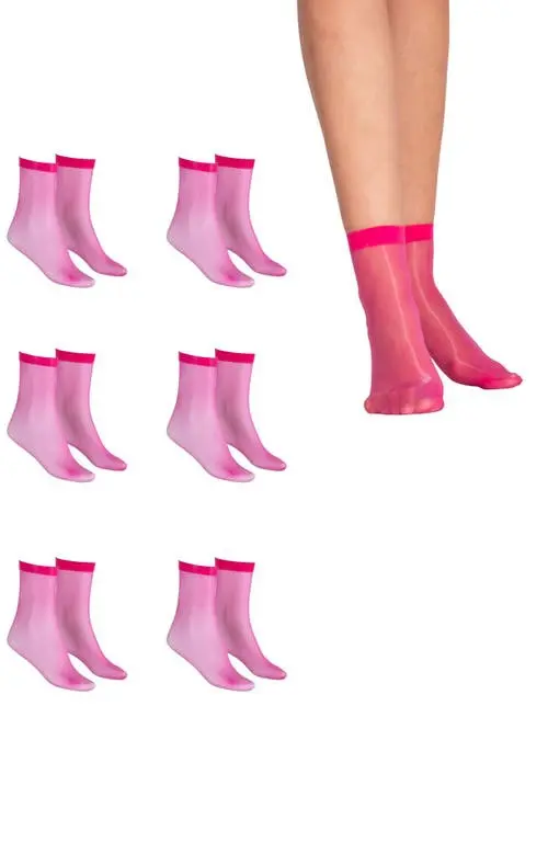 LECHERY® 6-pair Pack Lingerie Colored Fashion Ankle Nylons - Pink