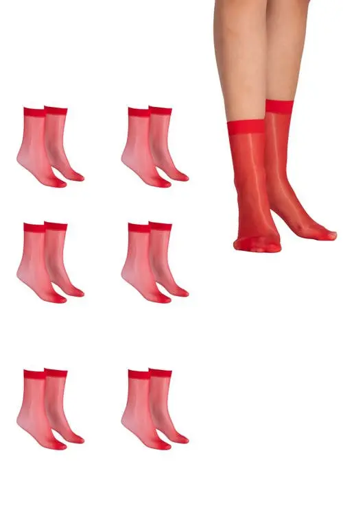 LECHERY® 6-pair Pack Lingerie Colored Fashion Ankle Nylons - Red
