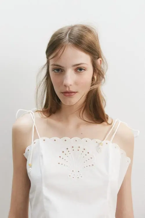 H&m Broderie Anglaise Tie-strap Cotton Poplin Top - Ivory