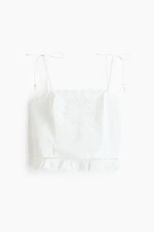 H&m Broderie Anglaise Tie-strap Cotton Poplin Top