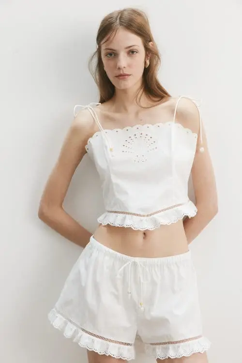 H&m Broderie Anglaise Tie-strap Cotton Poplin Top