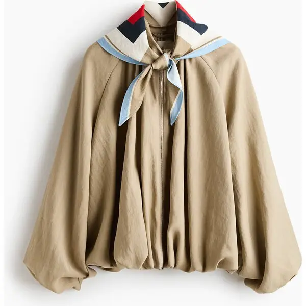 H&m Bubble-hem Jacket With Scarf - Beige