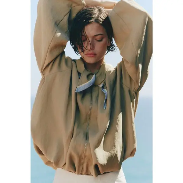 H&m Bubble Hem Jacket With Detachable Scarf - Beige