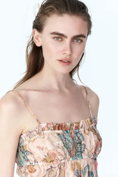 H&m Linen-blend Crop Top With Spaghetti Straps And Frill Trims - Beige/patterned
