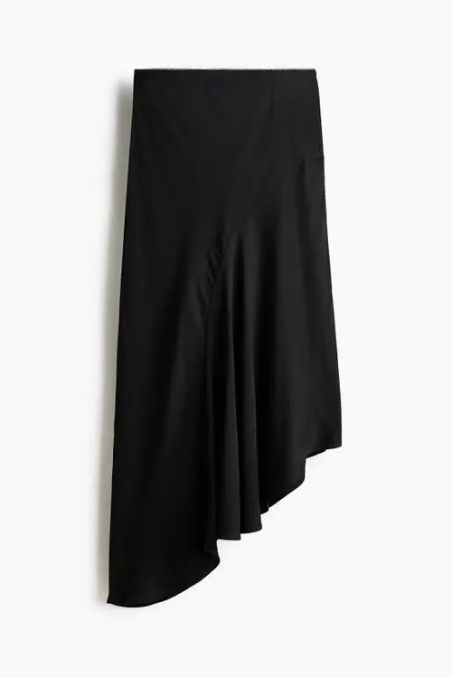 H&m Asymmetric Satin Midi Skirt - Black