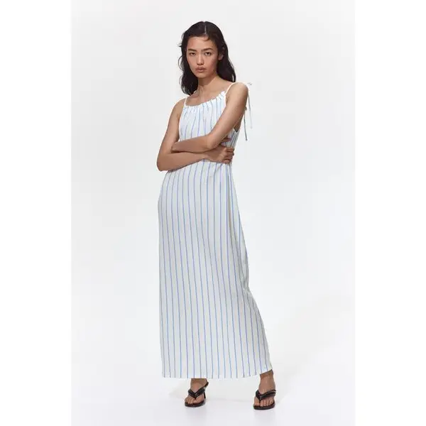 H&M Crinkled Jersey Maxi Dress With Tie Shoulder Straps - White/striped