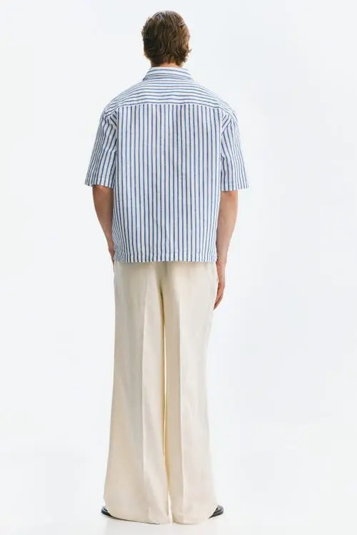 H&m Relaxed Fit Short-sleeved Linen-blend Shirt - Blue/striped