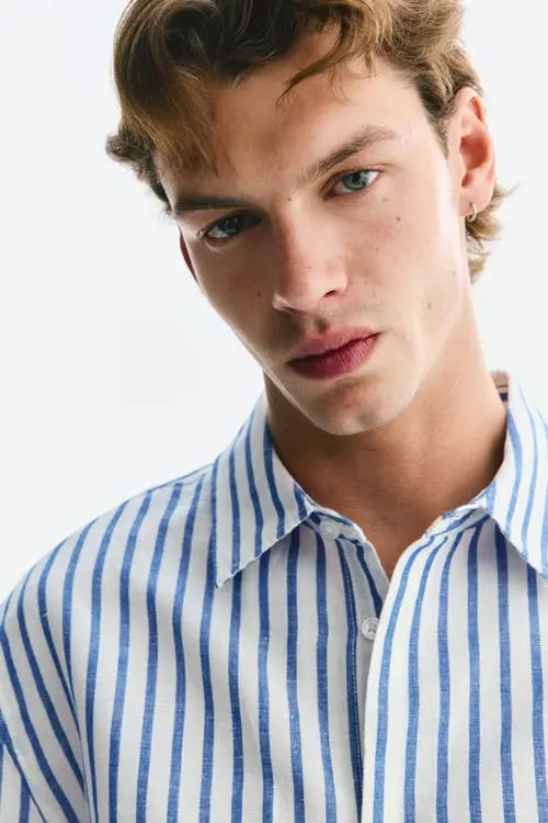 H&m Relaxed Fit Short-sleeved Linen-blend Shirt - Blue/striped