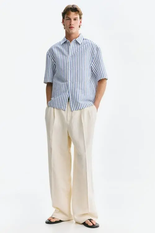 H&m Relaxed Fit Short-sleeved Linen-blend Shirt - Blue/striped