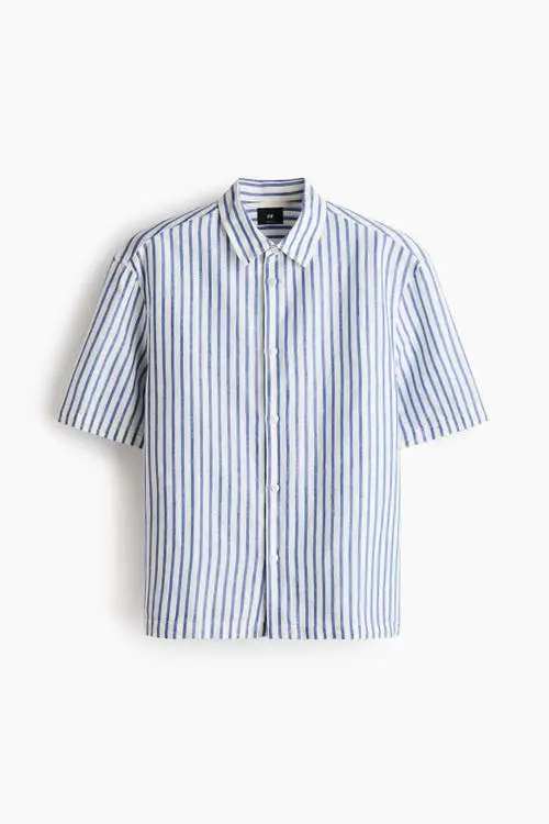 H&M Relaxed-fit Short-sleeved Linen-blend Shirt - Blue/striped