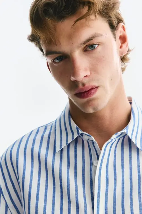 H&M Relaxed-fit Short-sleeved Linen-blend Shirt - Blue/striped