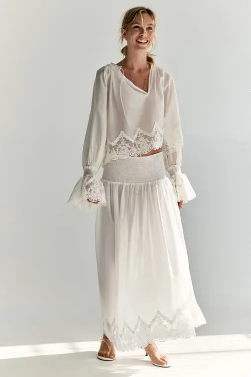 H&m Lace-trimmed Smocked Waist Maxi Skirt