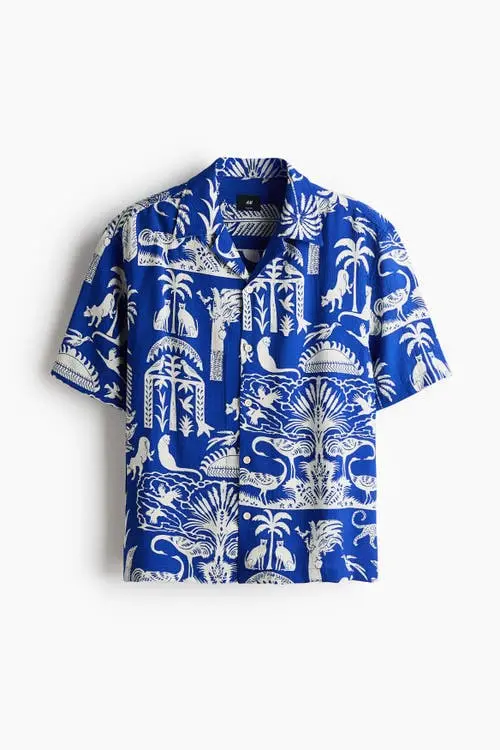 H&m Relaxed Fit Printed Resort Shirt - Bright Blue/patterned