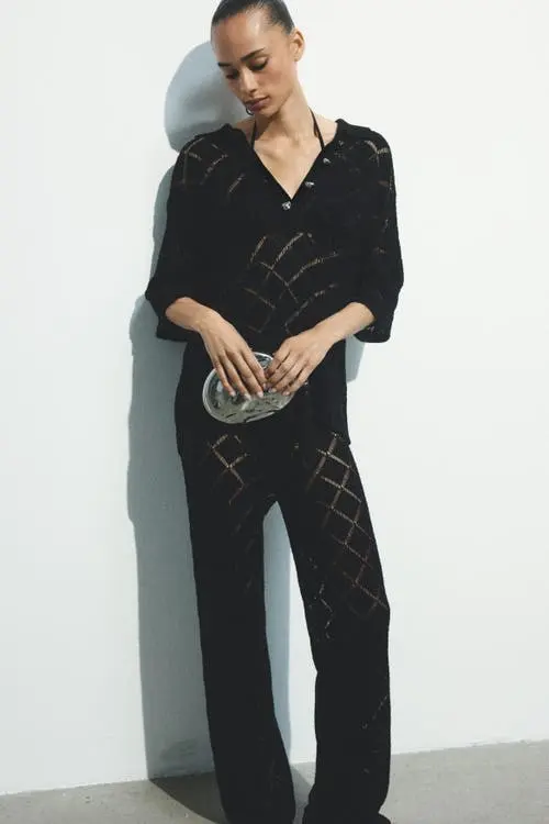 H&m Crochet-look Ribbed Trousers - Black