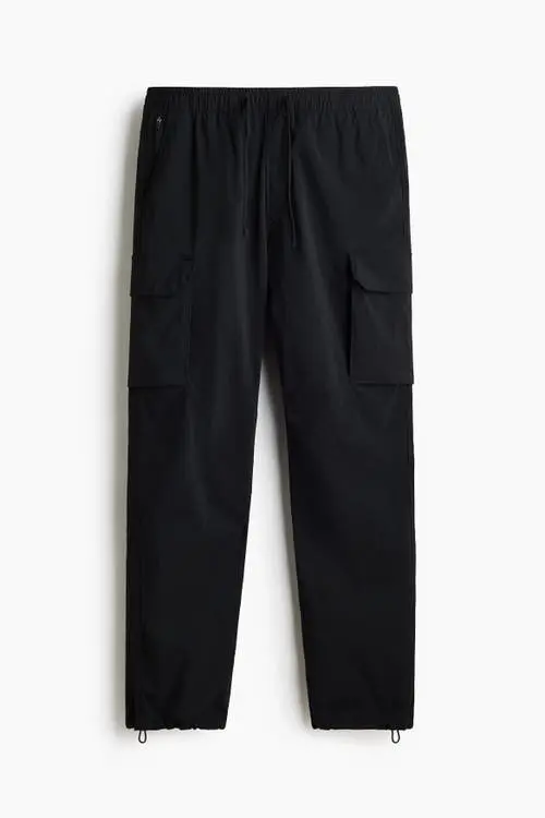 H&m Regular Fit Cargo Trousers In Nylon With Drawstring Hems - Black