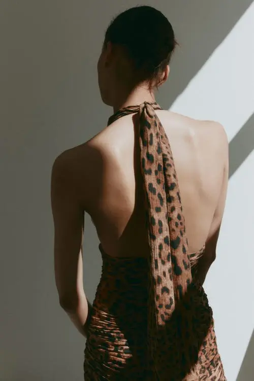 H&m Ruched Scarf-detail Dress - Light Brown/leopard Print
