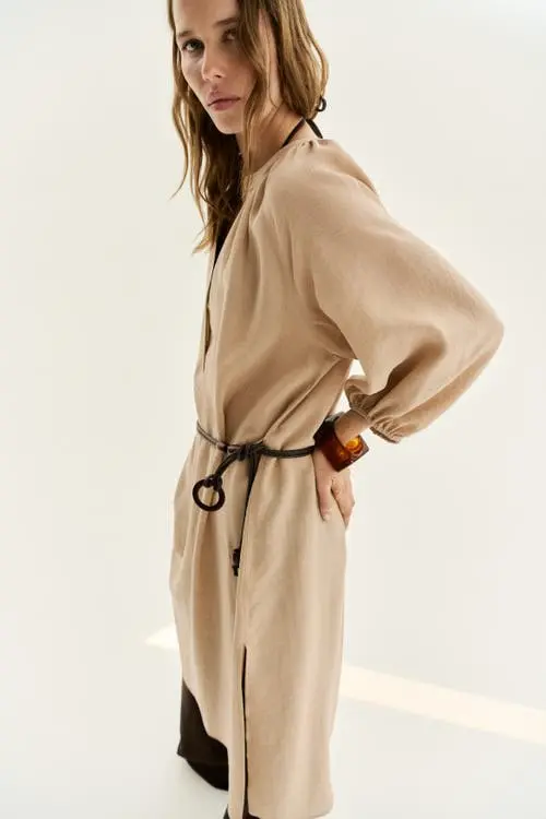 H&m Oversized Tie-belt Midi Dress - Beige