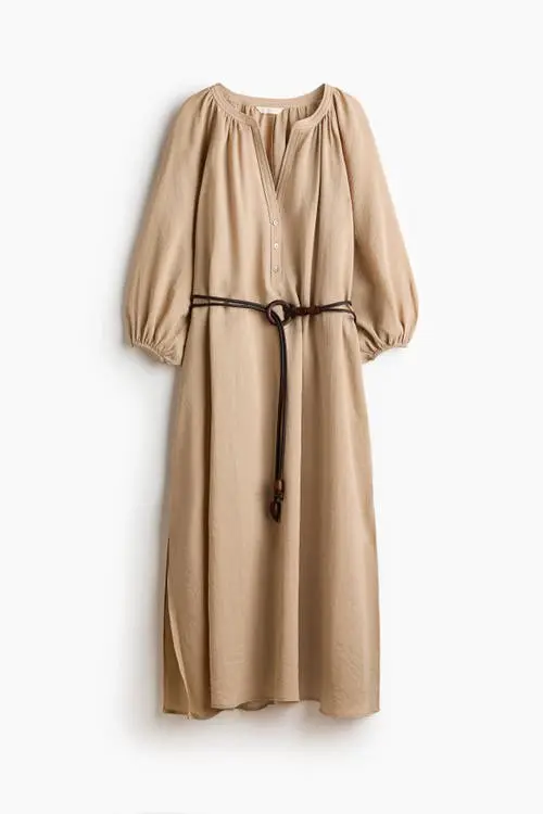 H&m Oversized Tie-belt Midi Dress - Beige