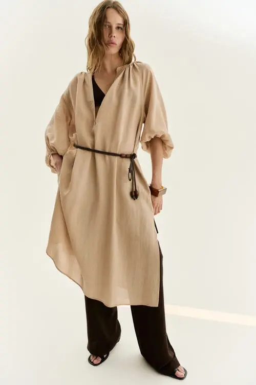 H&m Oversized Tie-belt Midi Dress - Beige