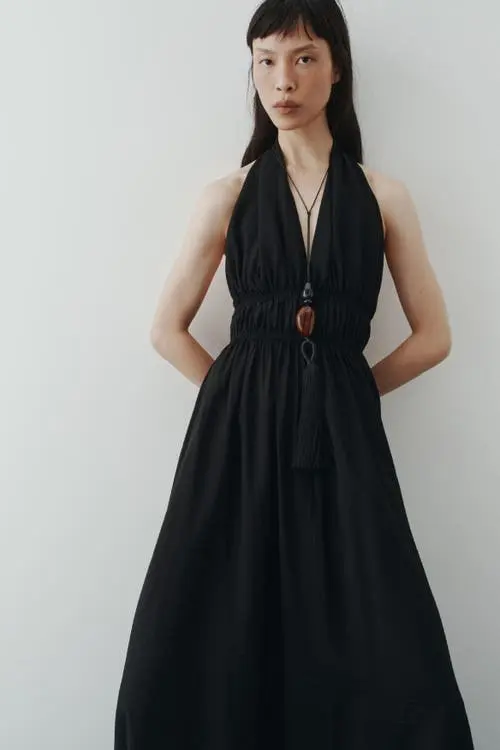 H&m Halterneck Maxi Dress With Flared Skirt - Black