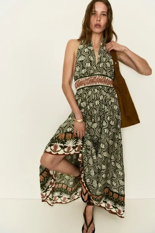 H&m Viscose-blend Halterneck Maxi Dress - Dark Green/patterned