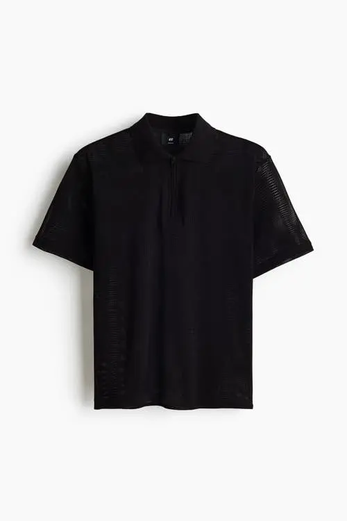 H&m Regular Fit Hole-knit Polo Shirt - Black