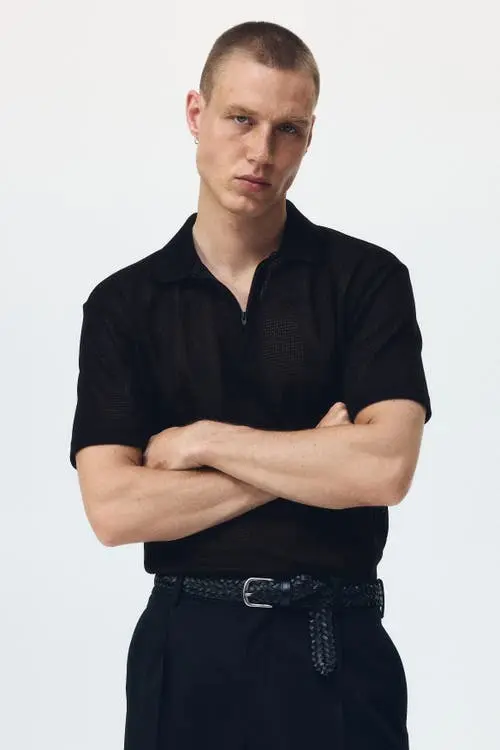 H&m Regular Fit Hole-knit Polo Shirt - Black