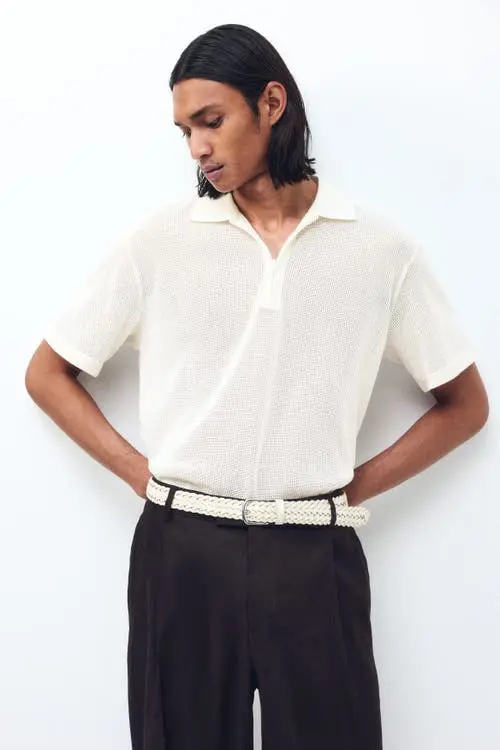 H&m Regular Fit Hole-knit Polo Shirt - Cream