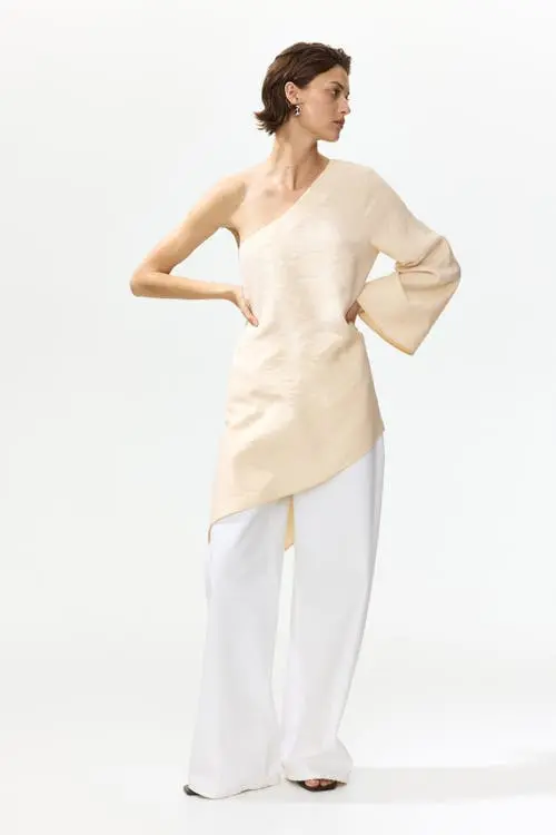 H&m Modal-blend One-shoulder Top With Asymmetric Neckline And Long Sleeve