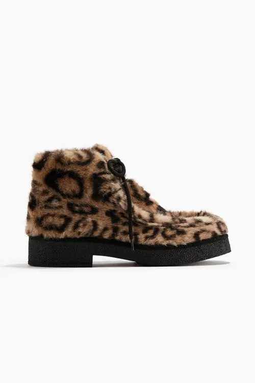 H&M Leopard Print Faux Fur Lace-up Boots - Beige/leopard Print